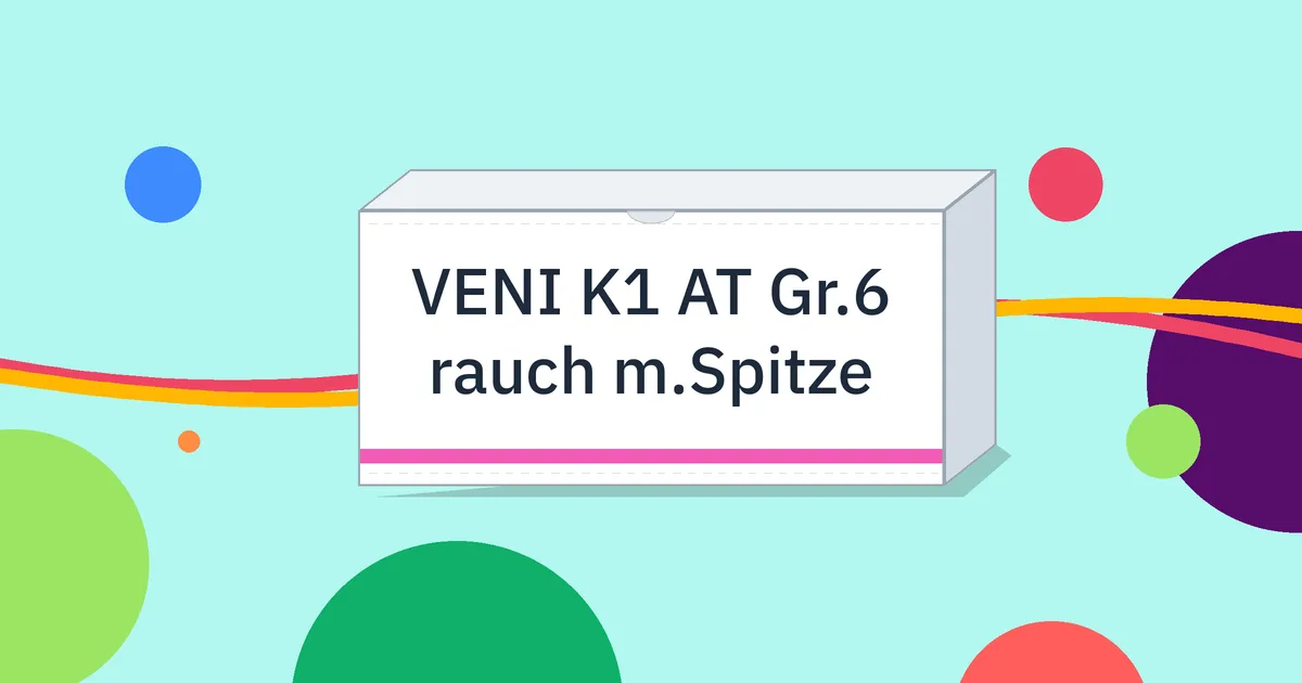 Symbolbild: Packung mit der Aufschrift VENI K1 AT Gr.6 rauch m.Spitze (PZN 08679907) – Verfügbarkeit und Bezug in Apotheken in Frankfurt am Main