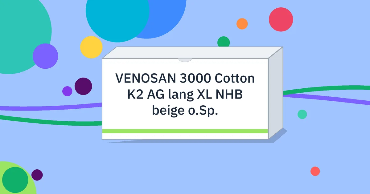 Symbolbild: Packung mit der Aufschrift VENOSAN 3000 Cotton K2 AG lang XL NHB beige o.Sp. (PZN 14421544) – Verfügbarkeit und Bezug in Apotheken in Frankfurt am Main