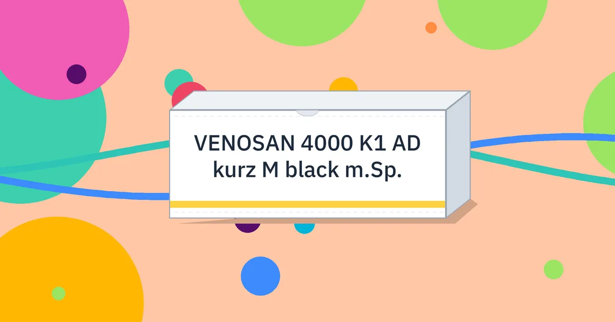Symbolbild: Packung mit der Aufschrift VENOSAN 4000 K1 AD kurz M black m.Sp. (PZN 14426435) – Verfügbarkeit und Bezug in Apotheken in Frankfurt am Main