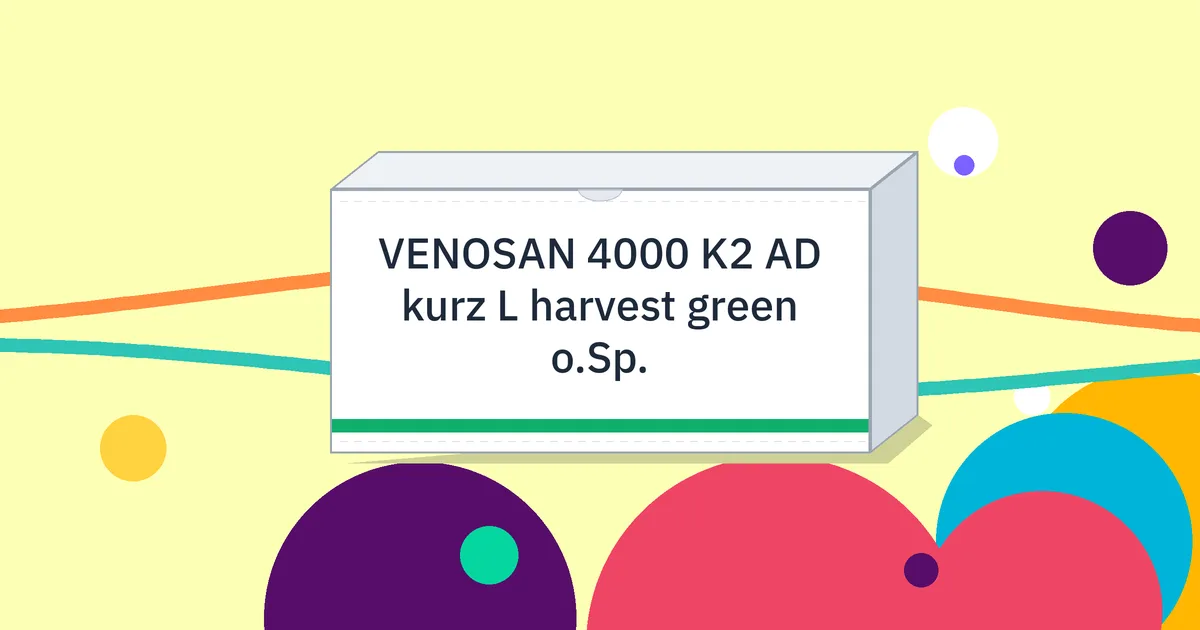 Symbolbild: Packung mit der Aufschrift VENOSAN 4000 K2 AD kurz L harvest green o.Sp. (PZN 18847470) – Verfügbarkeit und Bezug in Apotheken in Frankfurt am Main