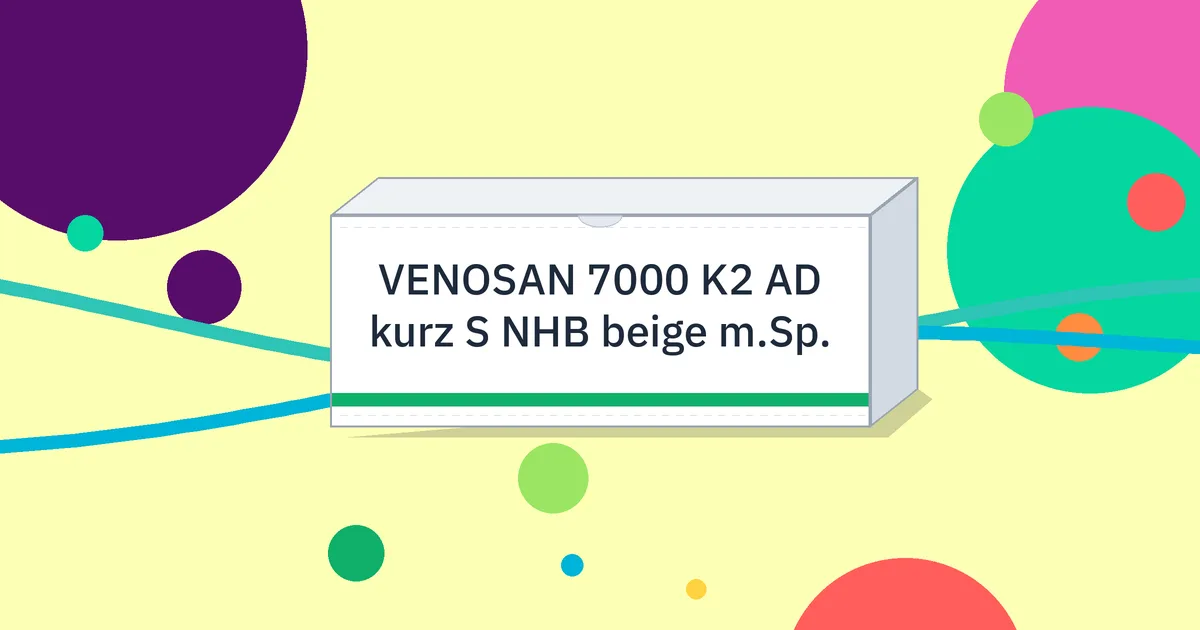 Symbolbild: Packung mit der Aufschrift VENOSAN 7000 K2 AD kurz S NHB beige m.Sp. (PZN 14434481) – Verfügbarkeit und Bezug in Apotheken in Frankfurt am Main