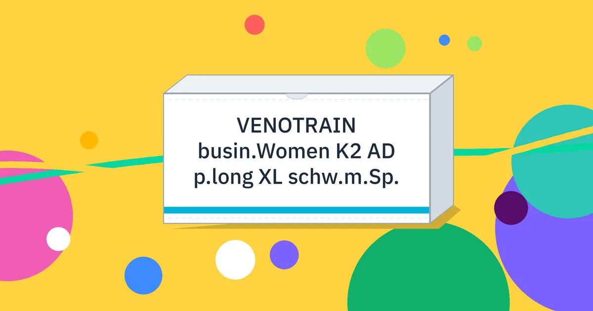 Symbolbild: Packung mit der Aufschrift VENOTRAIN busin.Women K2 AD p.long XL schw.m.Sp. (PZN 10196406) – Verfügbarkeit und Bezug in Apotheken in Frankfurt am Main