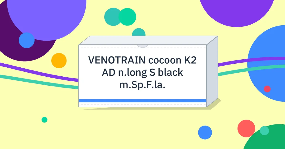 Symbolbild: Packung mit der Aufschrift VENOTRAIN cocoon K2 AD n.long S black m.Sp.F.la. (PZN 14401895) – Verfügbarkeit und Bezug in Apotheken in Frankfurt am Main