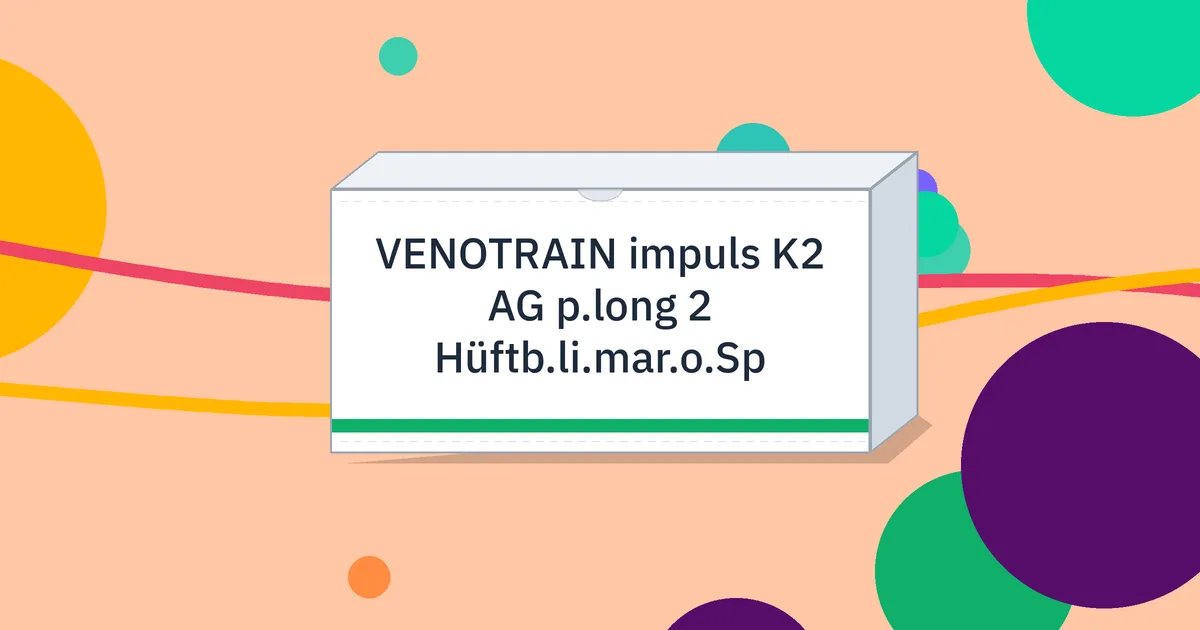 Symbolbild: Packung mit der Aufschrift VENOTRAIN impuls K2 AG p.long 2 Hüftb.li.mar.o.Sp (PZN 15219224) – Verfügbarkeit und Bezug in Apotheken in Frankfurt am Main