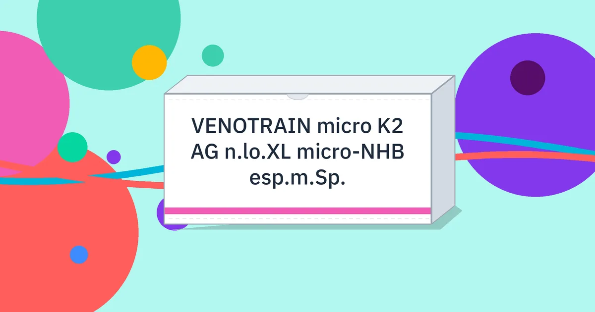 Symbolbild: Packung mit der Aufschrift VENOTRAIN micro K2 AG n.lo.XL micro-NHB esp.m.Sp. (PZN 16066917) – Verfügbarkeit und Bezug in Apotheken in Frankfurt am Main
