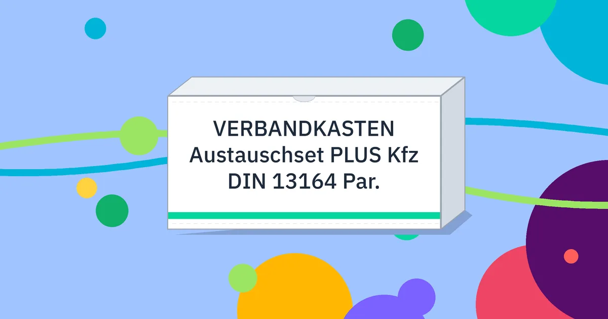Symbolbild: Packung mit der Aufschrift VERBANDKASTEN Austauschset PLUS Kfz DIN 13164 Par. (PZN 12725091) – Verfügbarkeit und Bezug in Apotheken in Frankfurt am Main