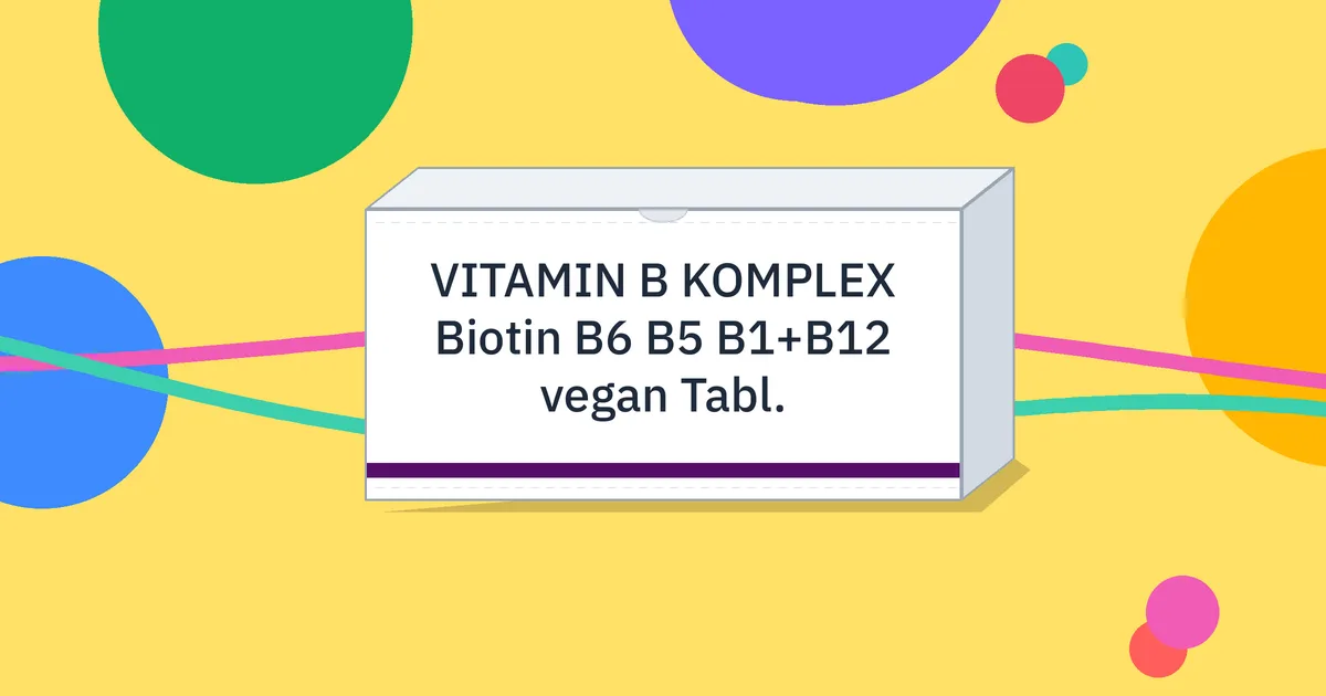 Symbolbild: Packung mit der Aufschrift VITAMIN B KOMPLEX Biotin B6 B5 B1+B12 vegan Tabl. (PZN 18237205) – Verfügbarkeit und Bezug in Apotheken in Frankfurt am Main