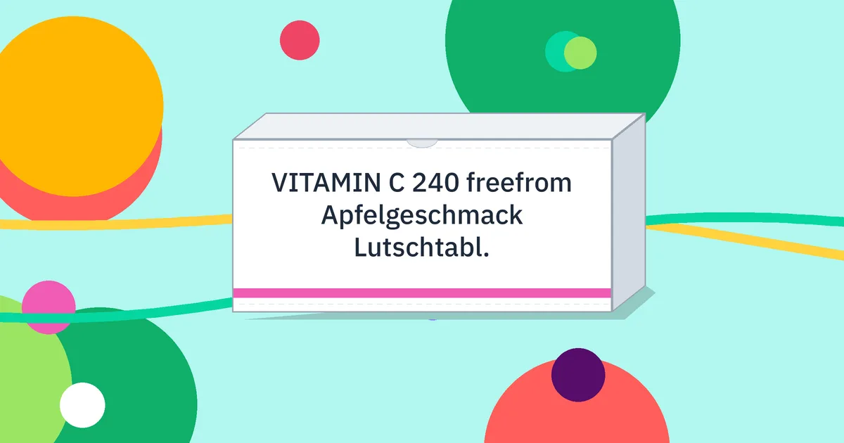 Symbolbild: Packung mit der Aufschrift VITAMIN C 240 freefrom Apfelgeschmack Lutschtabl. (PZN 11239313) – Verfügbarkeit und Bezug in Apotheken in Frankfurt am Main