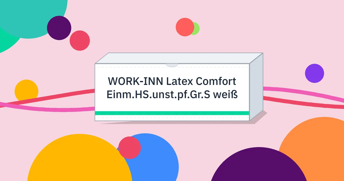 Symbolbild: Packung mit der Aufschrift WORK-INN Latex Comfort Einm.HS.unst.pf.Gr.S weiß (PZN 19357271) – Verfügbarkeit und Bezug in Apotheken in Frankfurt am Main