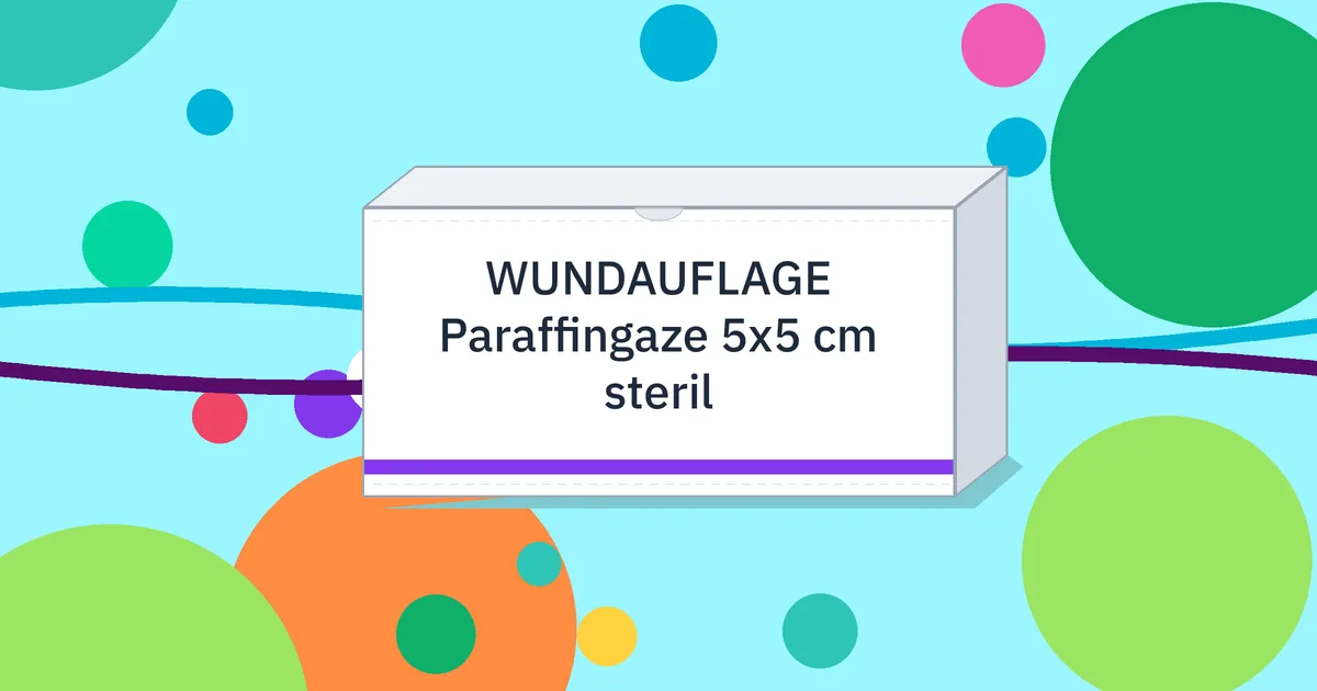 Symbolbild: Packung mit der Aufschrift WUNDAUFLAGE Paraffingaze 5x5 cm steril (PZN 11606935) – Verfügbarkeit und Bezug in Apotheken in Frankfurt am Main