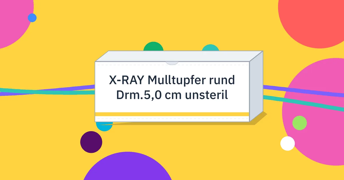 Symbolbild: Packung mit der Aufschrift X-RAY Mulltupfer rund Drm.5,0 cm unsteril (PZN 03895859) – Verfügbarkeit und Bezug in Apotheken in Frankfurt am Main