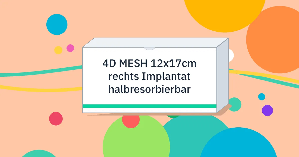 Symbolbild: Packung mit der Aufschrift 4D MESH 12x17cm rechts Implantat halbresorbierbar (PZN 19504424) – Verfügbarkeit und Bezug in Apotheken in Frankfurt am Main
