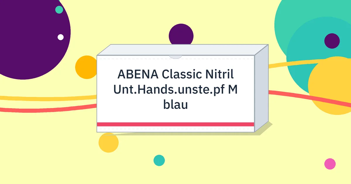 Symbolbild: Packung mit der Aufschrift ABENA Classic Nitril Unt.Hands.unste.pf M blau (PZN 16757722) – Verfügbarkeit und Bezug in Apotheken in Frankfurt am Main