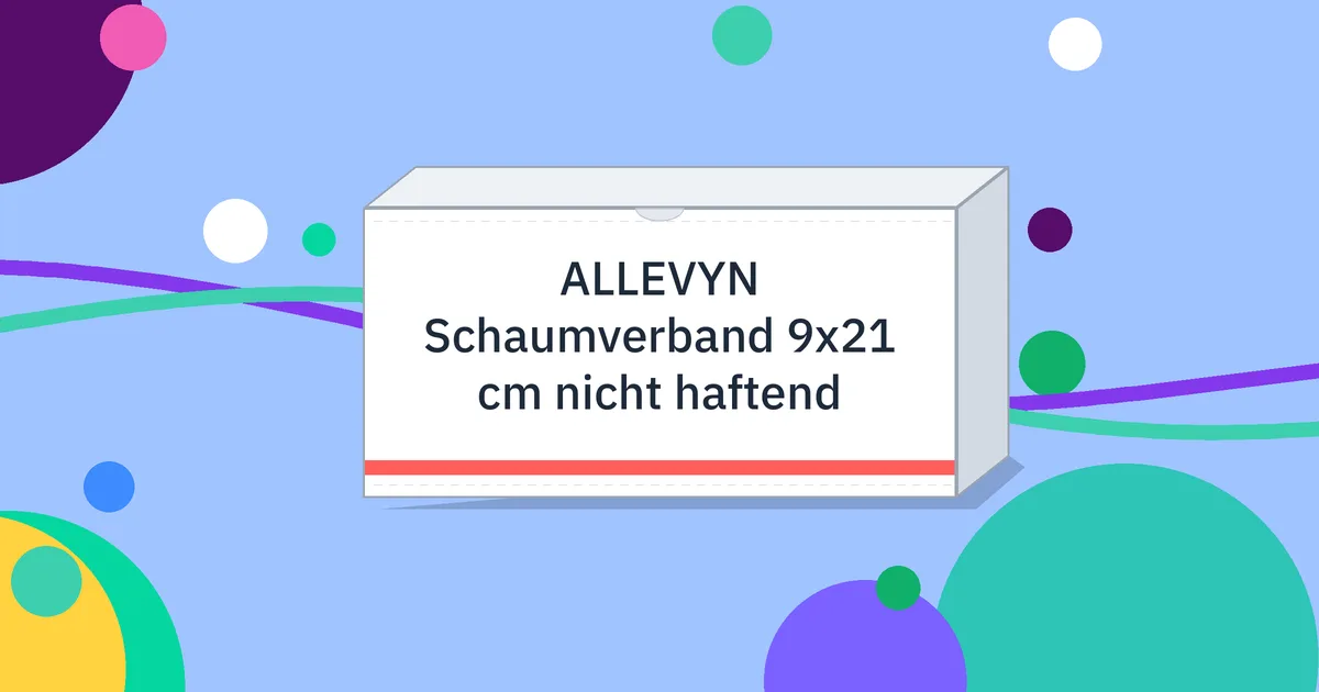 Symbolbild: Packung mit der Aufschrift ALLEVYN Schaumverband 9x21 cm nicht haftend (PZN 09686619) – Verfügbarkeit und Bezug in Apotheken in Frankfurt am Main