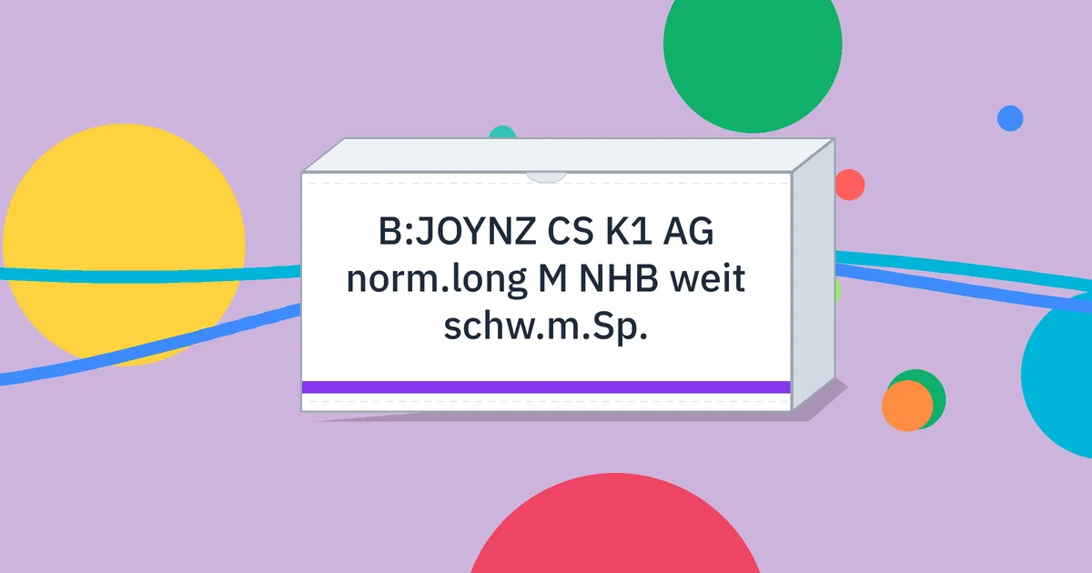 Symbolbild: Packung mit der Aufschrift B:JOYNZ CS K1 AG norm.long M NHB weit schw.m.Sp. (PZN 20535430) – Verfügbarkeit und Bezug in Apotheken in Frankfurt am Main
