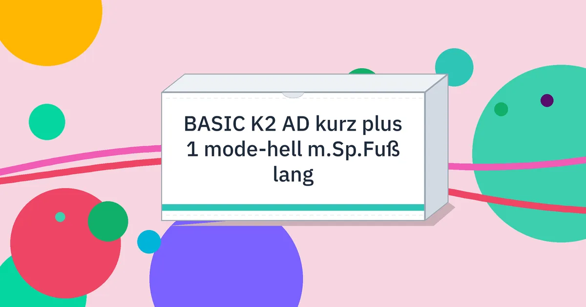 Symbolbild: Packung mit der Aufschrift BASIC K2 AD kurz plus 1 mode-hell m.Sp.Fuß lang (PZN 20263658) – Verfügbarkeit und Bezug in Apotheken in Frankfurt am Main