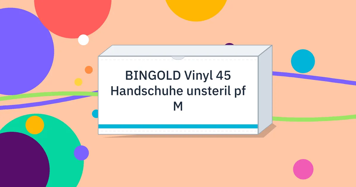 Symbolbild: Packung mit der Aufschrift BINGOLD Vinyl 45 Handschuhe unsteril pf M (PZN 19472552) – Verfügbarkeit und Bezug in Apotheken in Frankfurt am Main