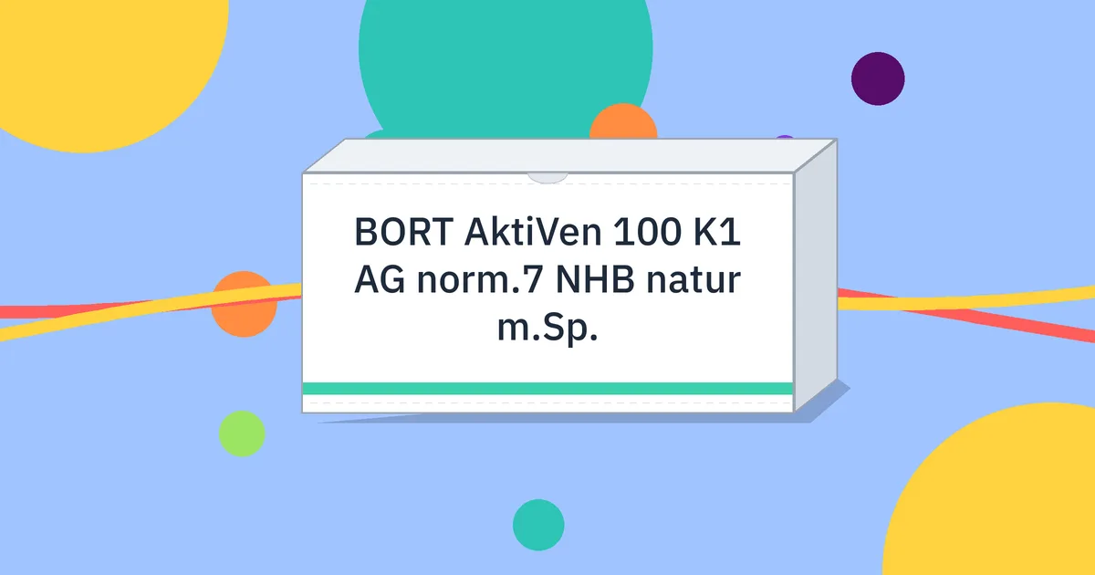 Symbolbild: Packung mit der Aufschrift BORT AktiVen 100 K1 AG norm.7 NHB natur m.Sp. (PZN 13729748) – Verfügbarkeit und Bezug in Apotheken in Frankfurt am Main