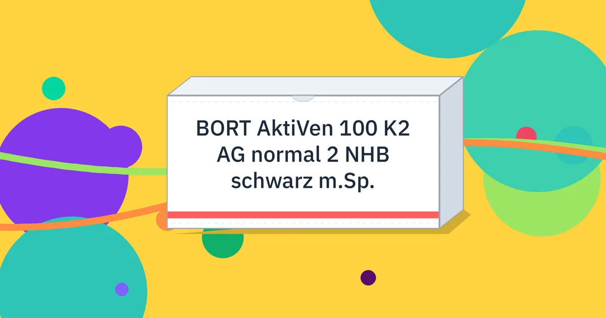 Symbolbild: Packung mit der Aufschrift BORT AktiVen 100 K2 AG normal 2 NHB schwarz m.Sp. (PZN 14387853) – Verfügbarkeit und Bezug in Apotheken in Frankfurt am Main