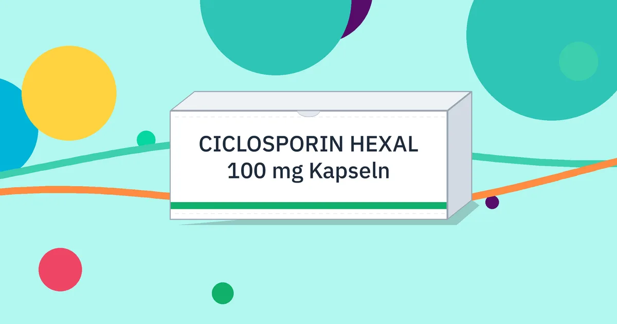 Symbolbild: Packung mit der Aufschrift CICLOSPORIN HEXAL 100 mg Kapseln (PZN 00757542) – Verfügbarkeit und Bezug in Apotheken in Frankfurt am Main