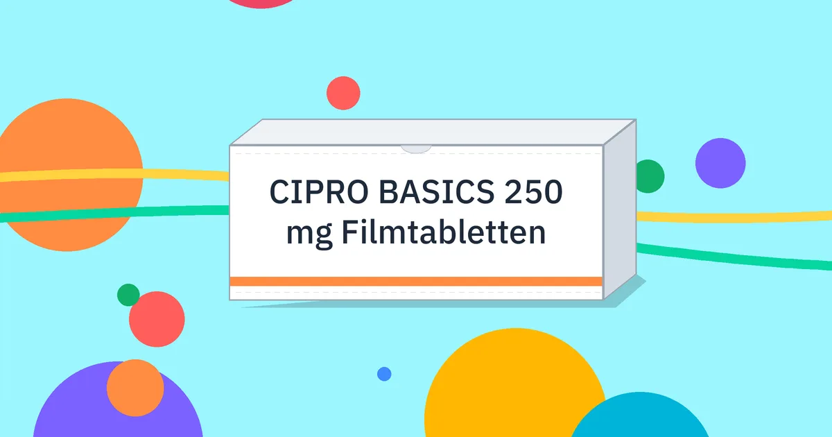 Symbolbild: Packung mit der Aufschrift CIPRO BASICS 250 mg Filmtabletten (PZN 02709116) – Verfügbarkeit und Bezug in Apotheken in Frankfurt am Main