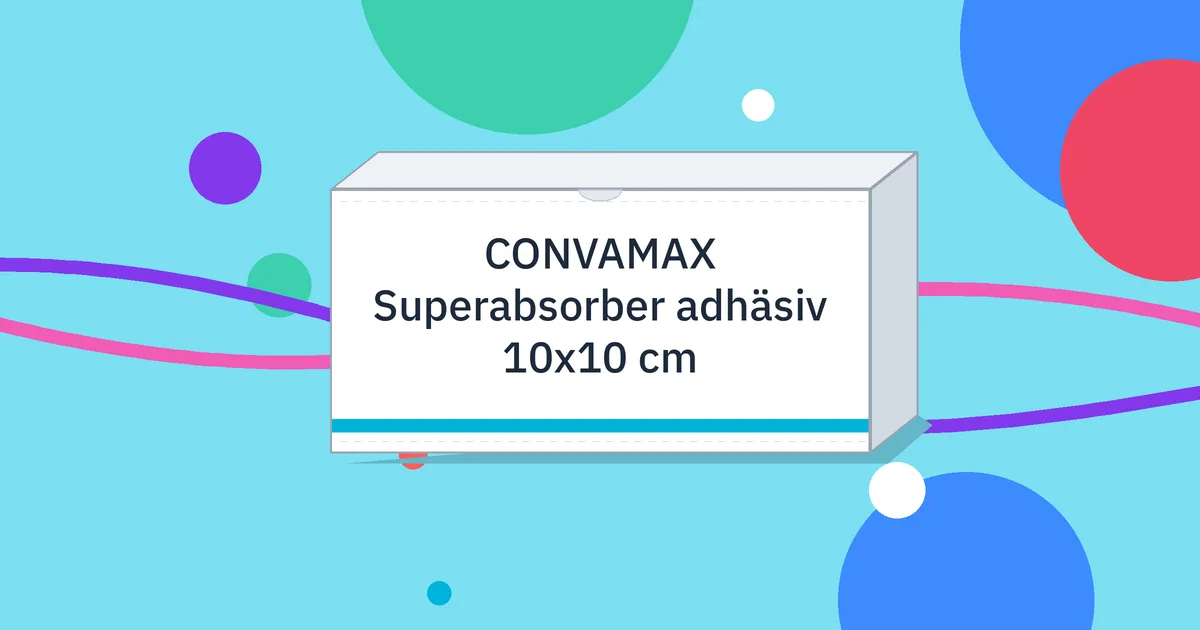Symbolbild: Packung mit der Aufschrift CONVAMAX Superabsorber adhäsiv 10x10 cm (PZN 18365860) – Verfügbarkeit und Bezug in Apotheken in Frankfurt am Main