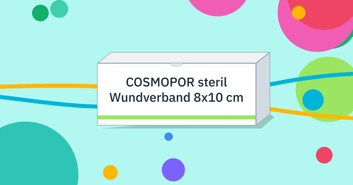 Symbolbild: Packung mit der Aufschrift COSMOPOR steril Wundverband 8x10 cm (PZN 19166683) – Verfügbarkeit und Bezug in Apotheken in Frankfurt am Main