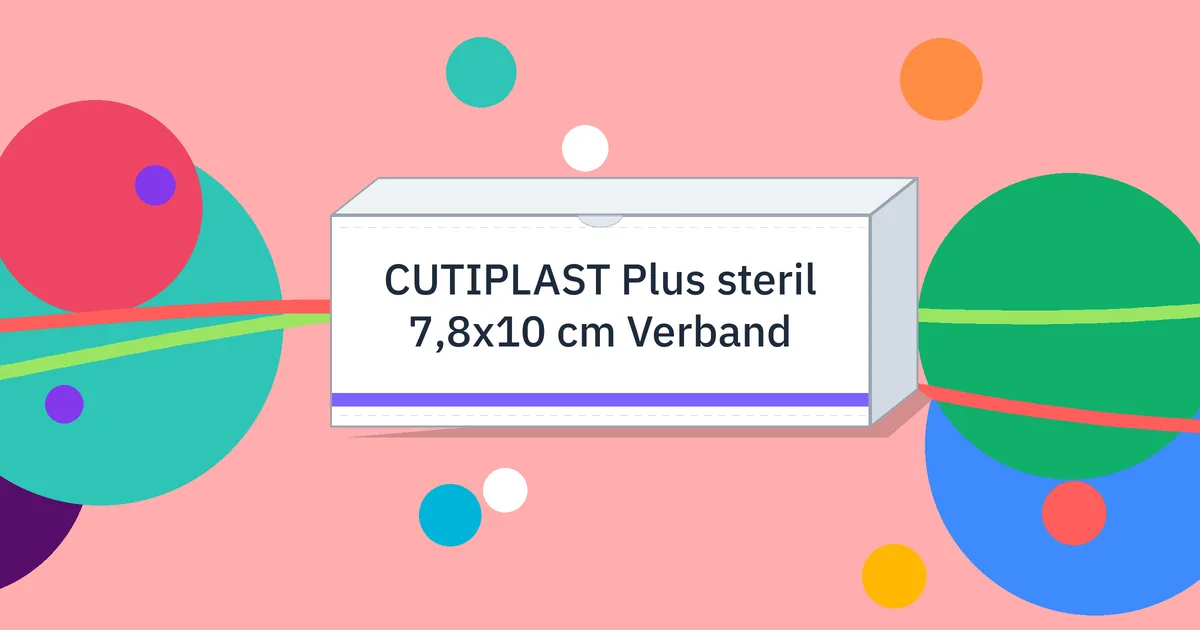 Symbolbild: Packung mit der Aufschrift CUTIPLAST Plus steril 7,8x10 cm Verband (PZN 19670074) – Verfügbarkeit und Bezug in Apotheken in Frankfurt am Main