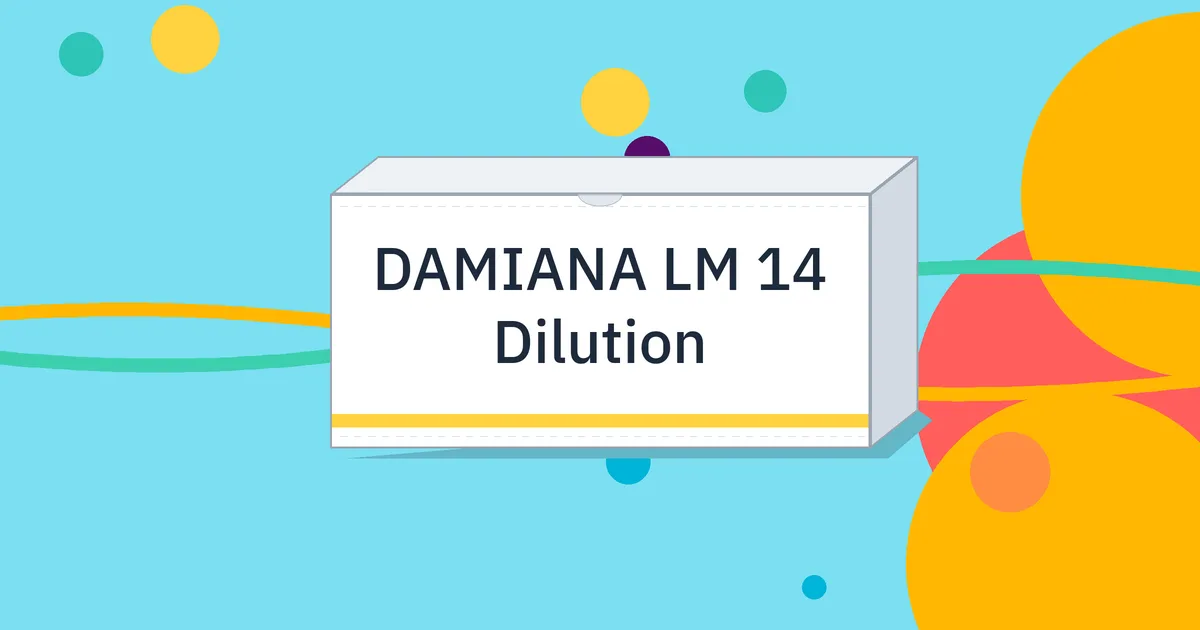 Symbolbild: Packung mit der Aufschrift DAMIANA LM 14 Dilution (PZN 13461033) – Verfügbarkeit und Bezug in Apotheken in Frankfurt am Main