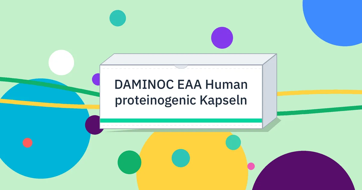 Symbolbild: Packung mit der Aufschrift DAMINOC EAA Human proteinogenic Kapseln (PZN 20624688) – Verfügbarkeit und Bezug in Apotheken in Frankfurt am Main