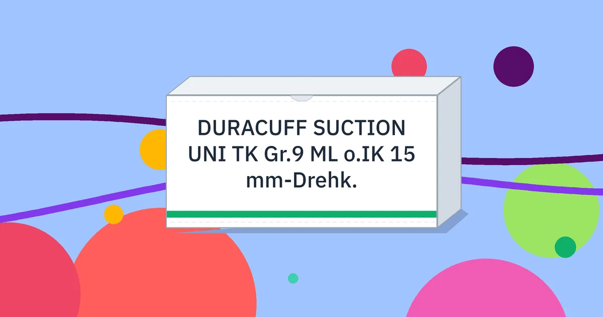 Symbolbild: Packung mit der Aufschrift DURACUFF SUCTION UNI TK Gr.9 ML o.IK 15 mm-Drehk. (PZN 02701592) – Verfügbarkeit und Bezug in Apotheken in Frankfurt am Main