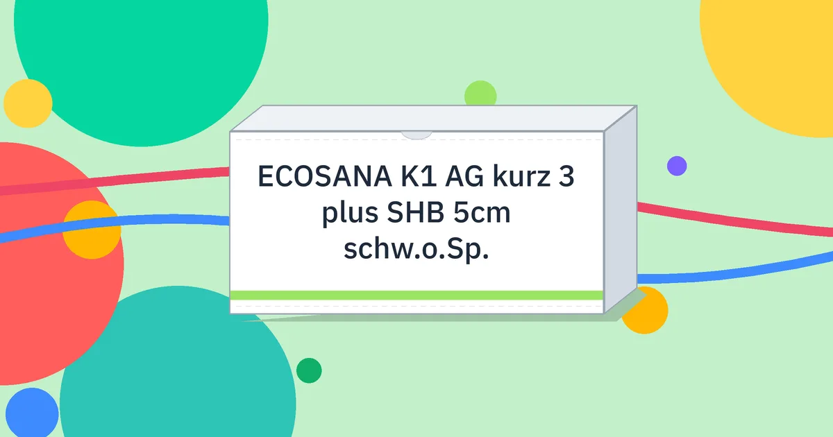 Symbolbild: Packung mit der Aufschrift ECOSANA K1 AG kurz 3 plus SHB 5cm schw.o.Sp. (PZN 04727354) – Verfügbarkeit und Bezug in Apotheken in Frankfurt am Main