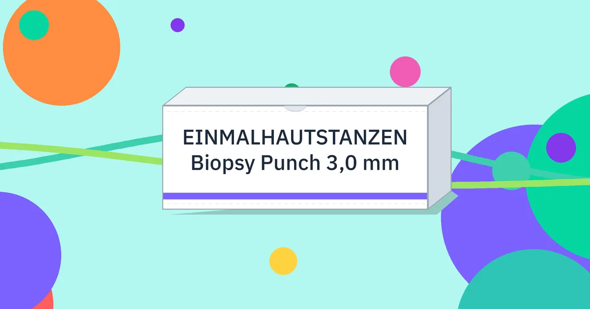 Symbolbild: Packung mit der Aufschrift EINMALHAUTSTANZEN Biopsy Punch 3,0 mm (PZN 19104179) – Verfügbarkeit und Bezug in Apotheken in Frankfurt am Main