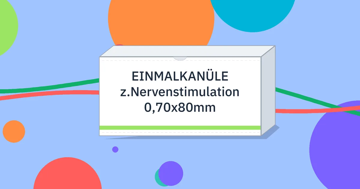 Symbolbild: Packung mit der Aufschrift EINMALKANÜLE z.Nervenstimulation 0,70x80mm (PZN 06967298) – Verfügbarkeit und Bezug in Apotheken in Frankfurt am Main