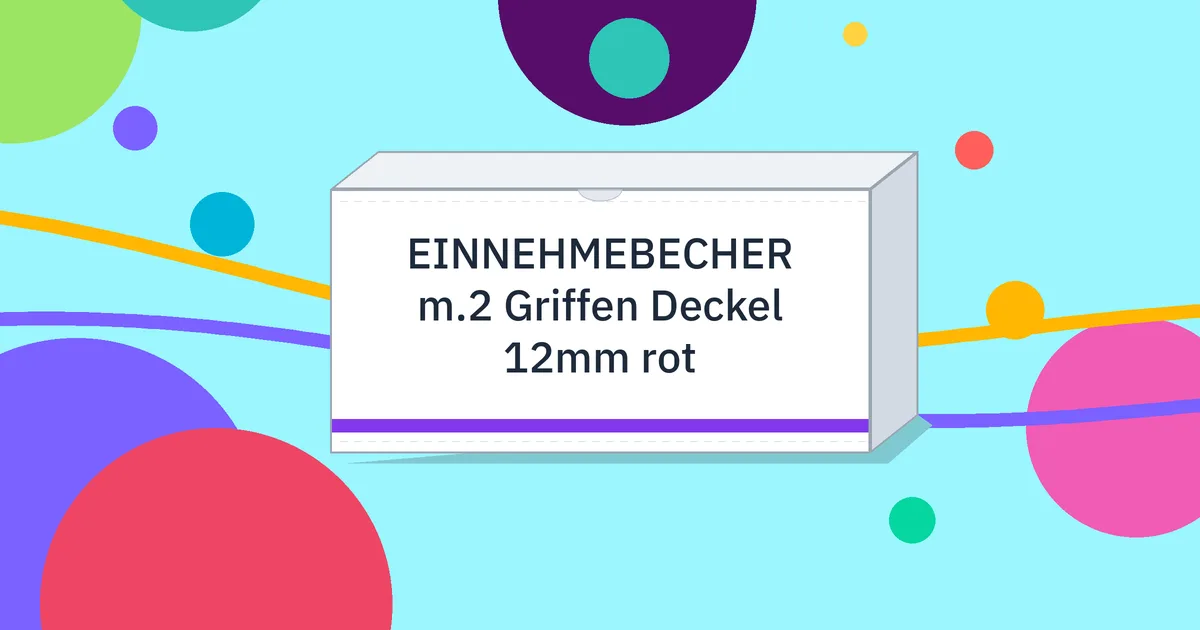 Symbolbild: Packung mit der Aufschrift EINNEHMEBECHER m.2 Griffen Deckel 12mm rot (PZN 10124080) – Verfügbarkeit und Bezug in Apotheken in Frankfurt am Main