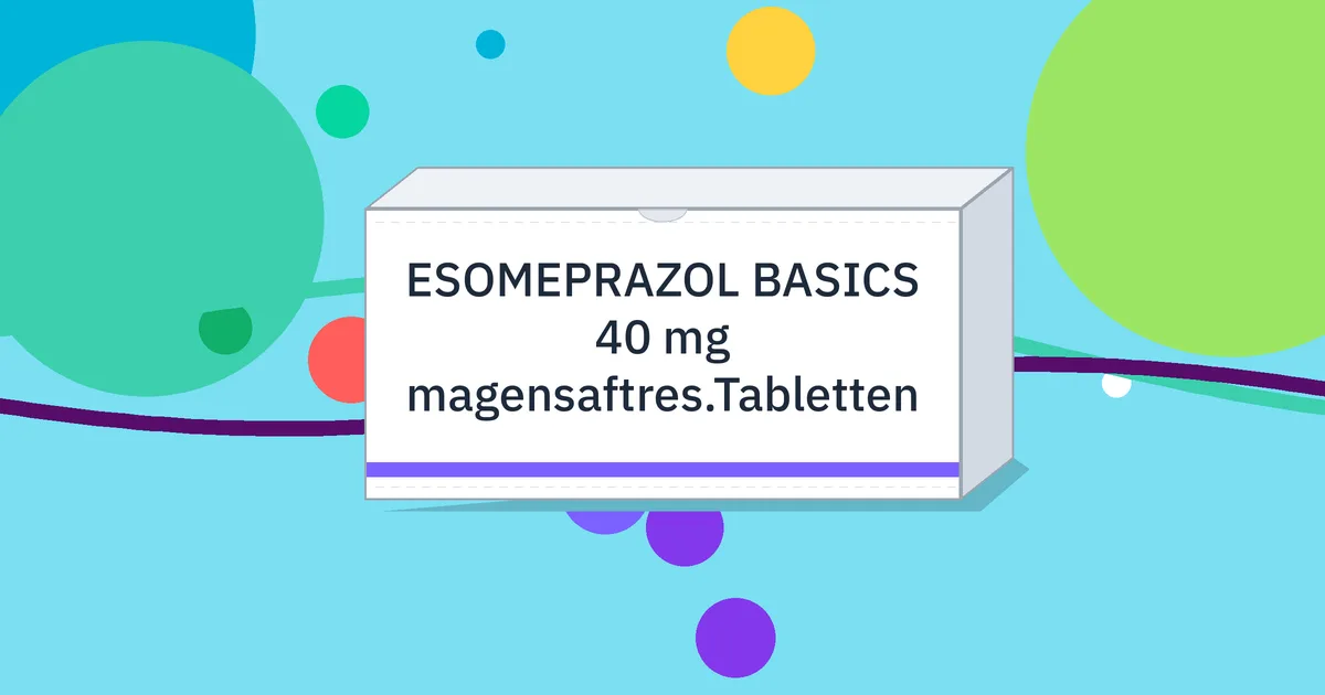 Symbolbild: Packung mit der Aufschrift ESOMEPRAZOL BASICS 40 mg magensaftres.Tabletten (PZN 08845257) – Verfügbarkeit und Bezug in Apotheken in Frankfurt am Main
