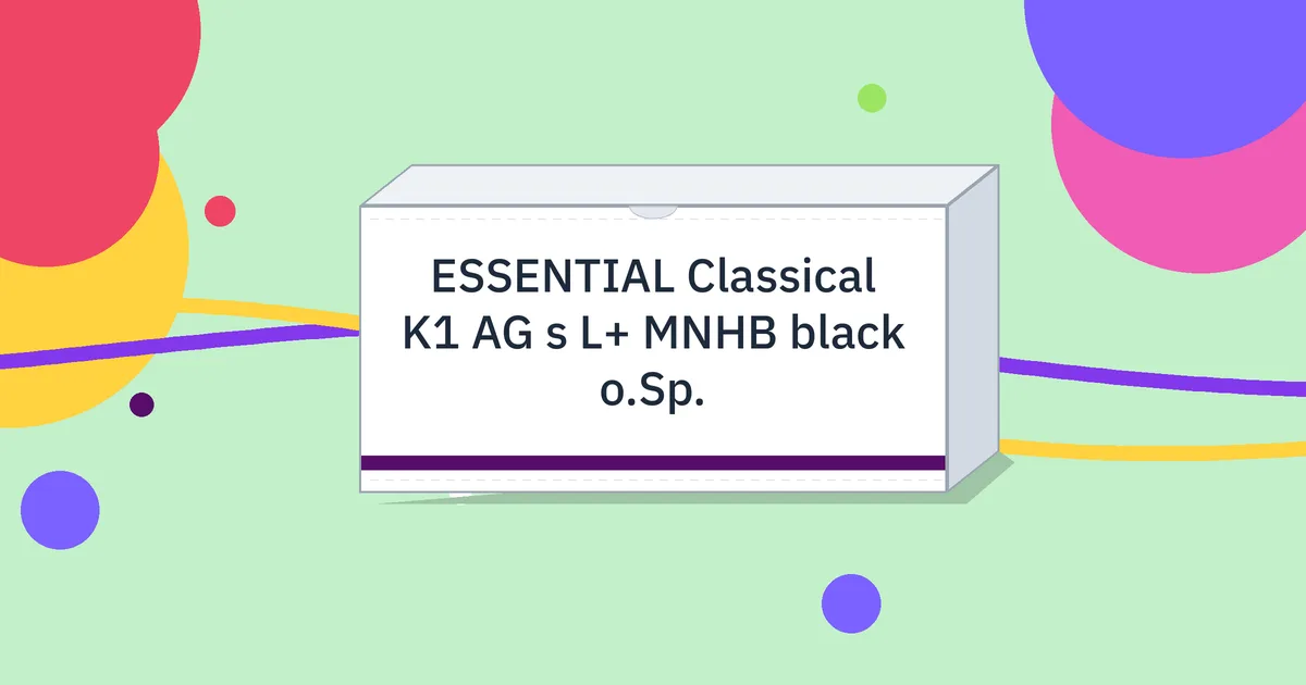 Symbolbild: Packung mit der Aufschrift ESSENTIAL Classical K1 AG s L+ MNHB black o.Sp. (PZN 19321155) – Verfügbarkeit und Bezug in Apotheken in Frankfurt am Main