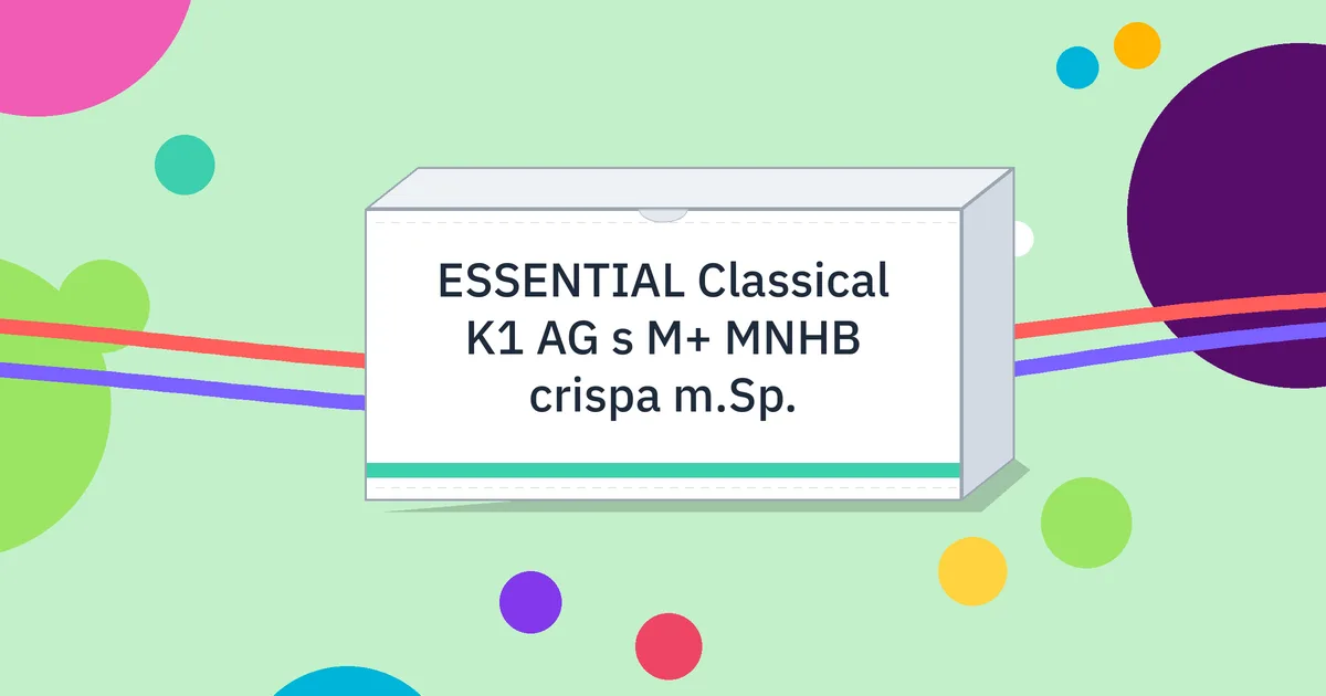 Symbolbild: Packung mit der Aufschrift ESSENTIAL Classical K1 AG s M+ MNHB crispa m.Sp. (PZN 19320948) – Verfügbarkeit und Bezug in Apotheken in Frankfurt am Main
