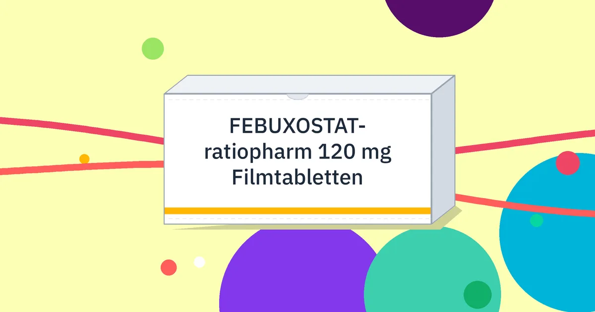 Symbolbild: Packung mit der Aufschrift FEBUXOSTAT-ratiopharm 120 mg Filmtabletten (PZN 14168588) – Verfügbarkeit und Bezug in Apotheken in Frankfurt am Main