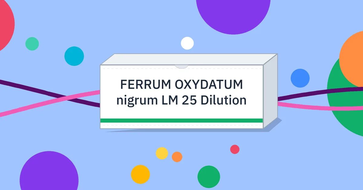 Symbolbild: Packung mit der Aufschrift FERRUM OXYDATUM nigrum LM 25 Dilution (PZN 12851341) – Verfügbarkeit und Bezug in Apotheken in Frankfurt am Main