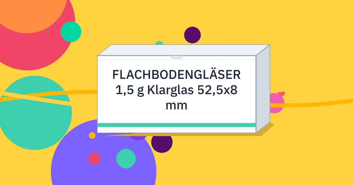 Symbolbild: Packung mit der Aufschrift FLACHBODENGLÄSER 1,5 g Klarglas 52,5x8 mm (PZN 09748071) – Verfügbarkeit und Bezug in Apotheken in Frankfurt am Main
