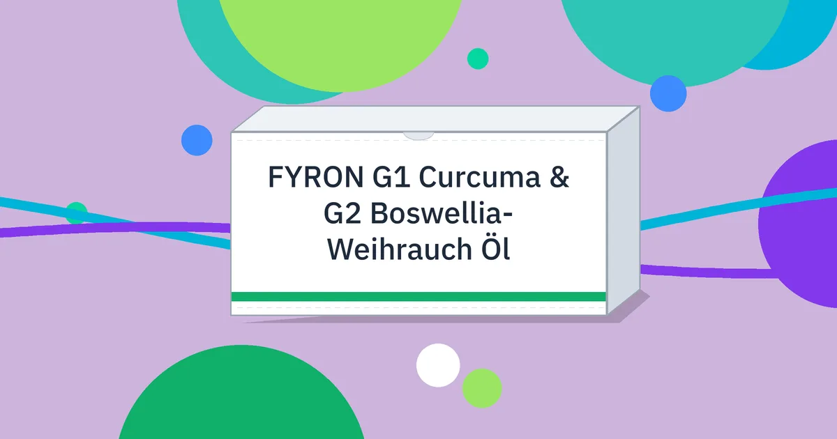Symbolbild: Packung mit der Aufschrift FYRON G1 Curcuma & G2 Boswellia-Weihrauch Öl (PZN 18682520) – Verfügbarkeit und Bezug in Apotheken in Frankfurt am Main