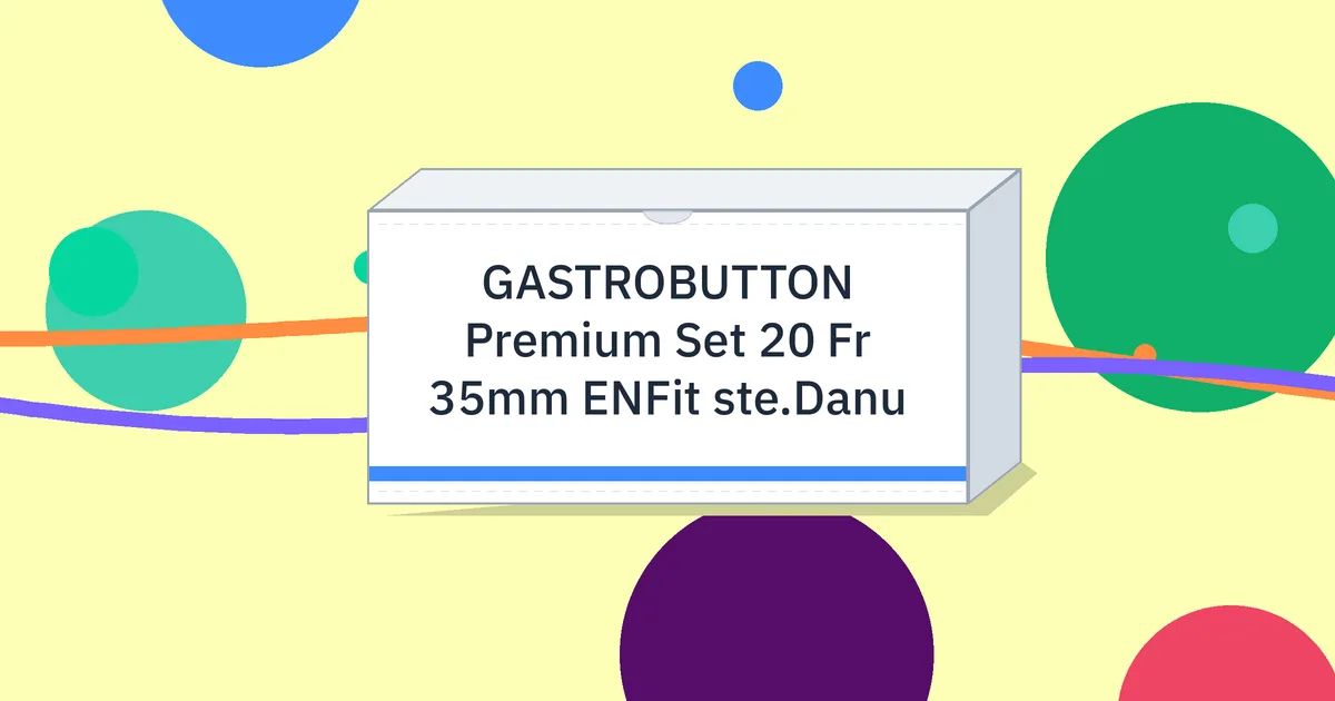 Symbolbild: Packung mit der Aufschrift GASTROBUTTON Premium Set 20 Fr 35mm ENFit ste.Danu (PZN 16884018) – Verfügbarkeit und Bezug in Apotheken in Frankfurt am Main