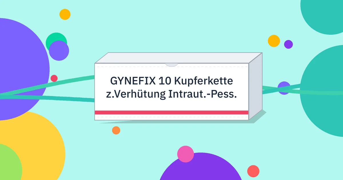Symbolbild: Packung mit der Aufschrift GYNEFIX 10 Kupferkette z.Verhütung Intraut.-Pess. (PZN 17755837) – Verfügbarkeit und Bezug in Apotheken in Frankfurt am Main