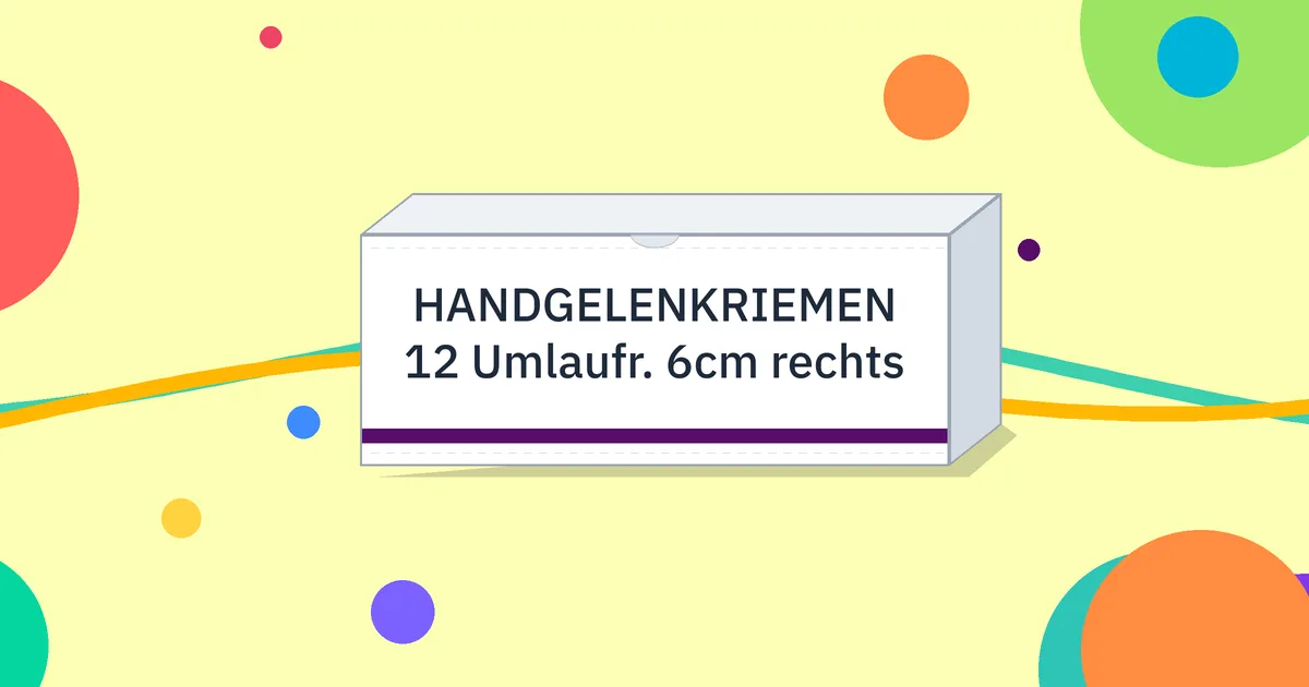 Symbolbild: Packung mit der Aufschrift HANDGELENKRIEMEN 12 Umlaufr. 6cm rechts (PZN 02008336) – Verfügbarkeit und Bezug in Apotheken in Frankfurt am Main