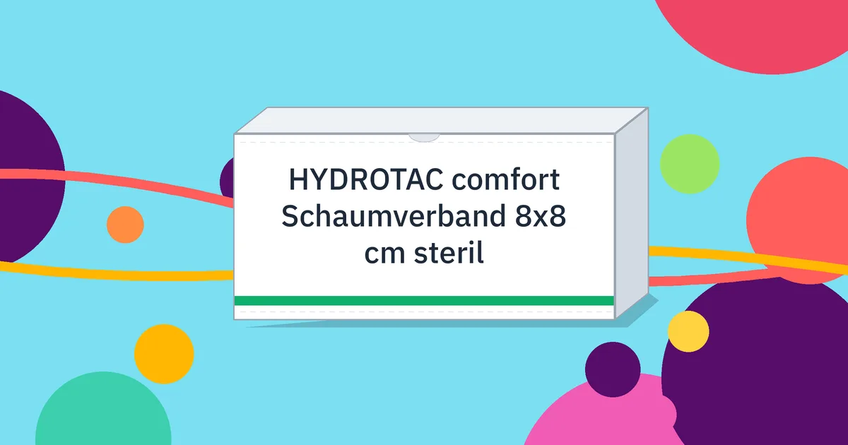 Symbolbild: Packung mit der Aufschrift HYDROTAC comfort Schaumverband 8x8 cm steril (PZN 17481995) – Verfügbarkeit und Bezug in Apotheken in Frankfurt am Main