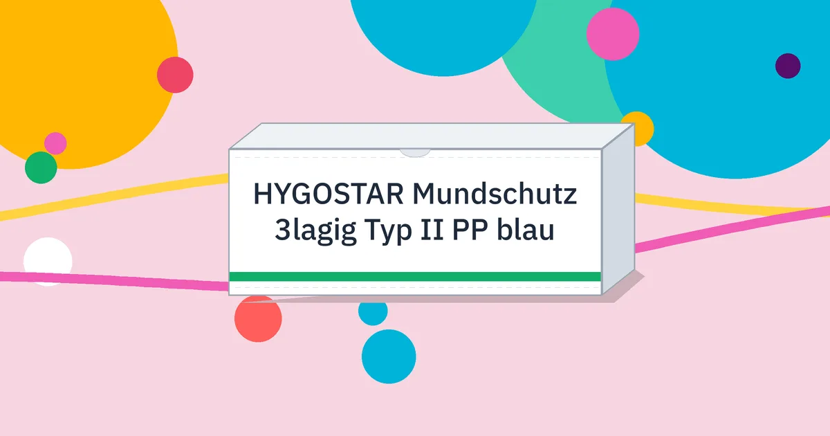 Symbolbild: Packung mit der Aufschrift HYGOSTAR Mundschutz 3lagig Typ II PP blau (PZN 17160819) – Verfügbarkeit und Bezug in Apotheken in Frankfurt am Main