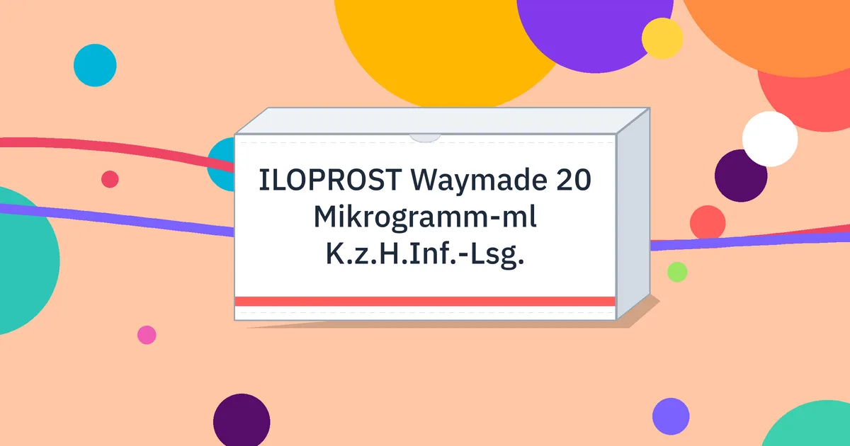 Symbolbild: Packung mit der Aufschrift ILOPROST Waymade 20 Mikrogramm-ml K.z.H.Inf.-Lsg. (PZN 19289598) – Verfügbarkeit und Bezug in Apotheken in Frankfurt am Main