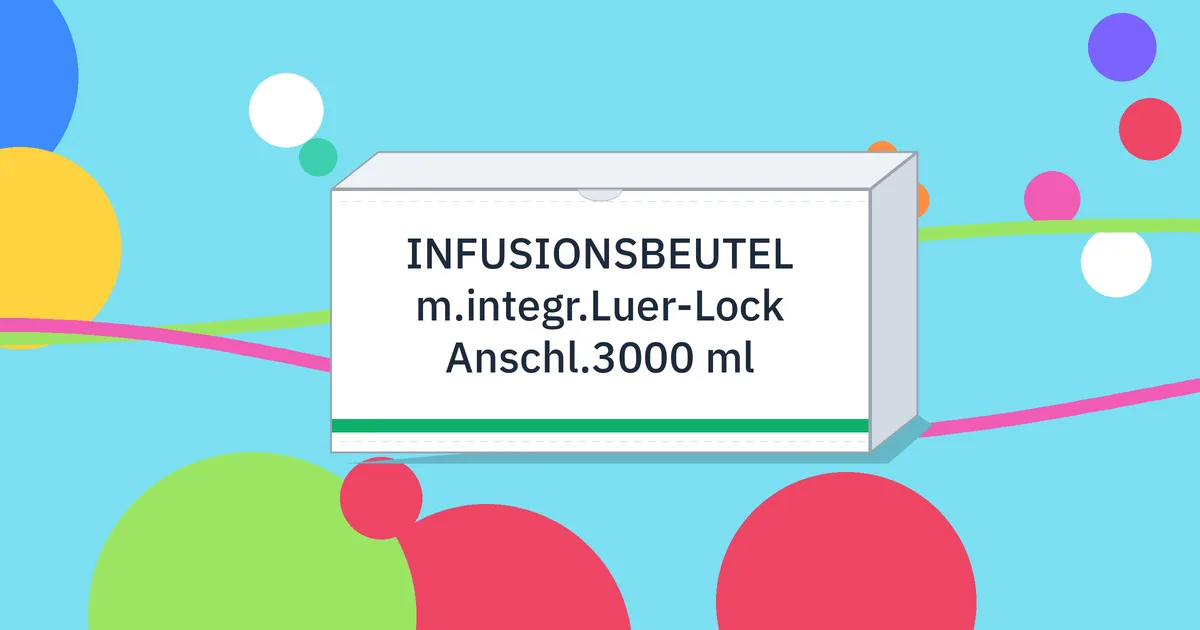 Symbolbild: Packung mit der Aufschrift INFUSIONSBEUTEL m.integr.Luer-Lock Anschl.3000 ml (PZN 19986417) – Verfügbarkeit und Bezug in Apotheken in Frankfurt am Main