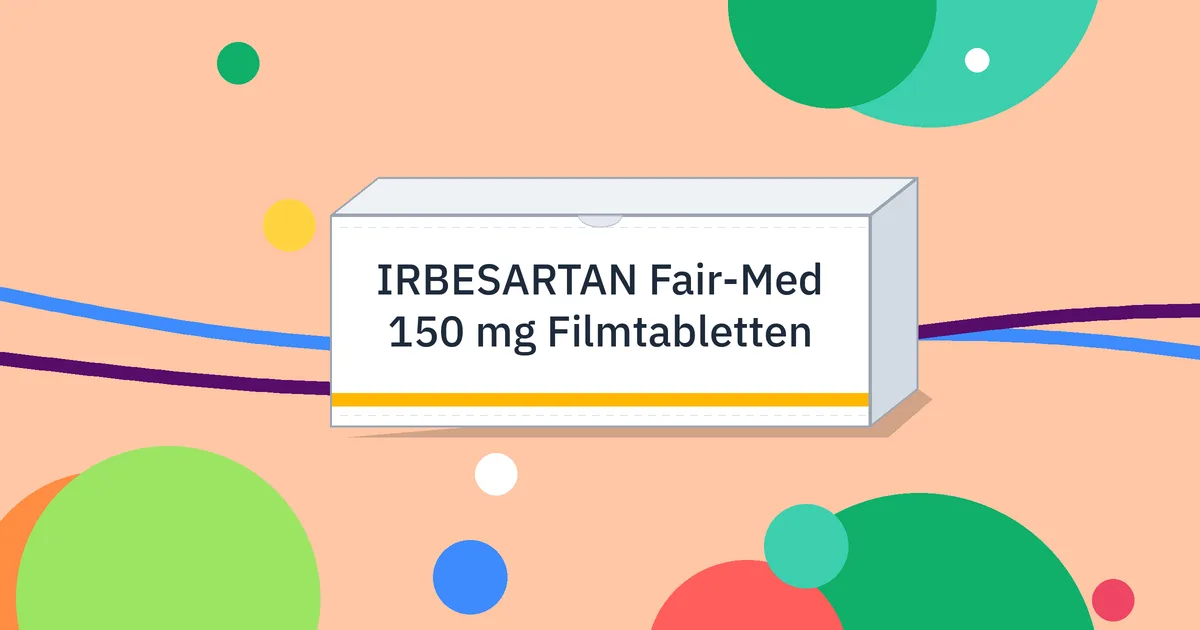 Symbolbild: Packung mit der Aufschrift IRBESARTAN Fair-Med 150 mg Filmtabletten (PZN 14167554) – Verfügbarkeit und Bezug in Apotheken in Frankfurt am Main